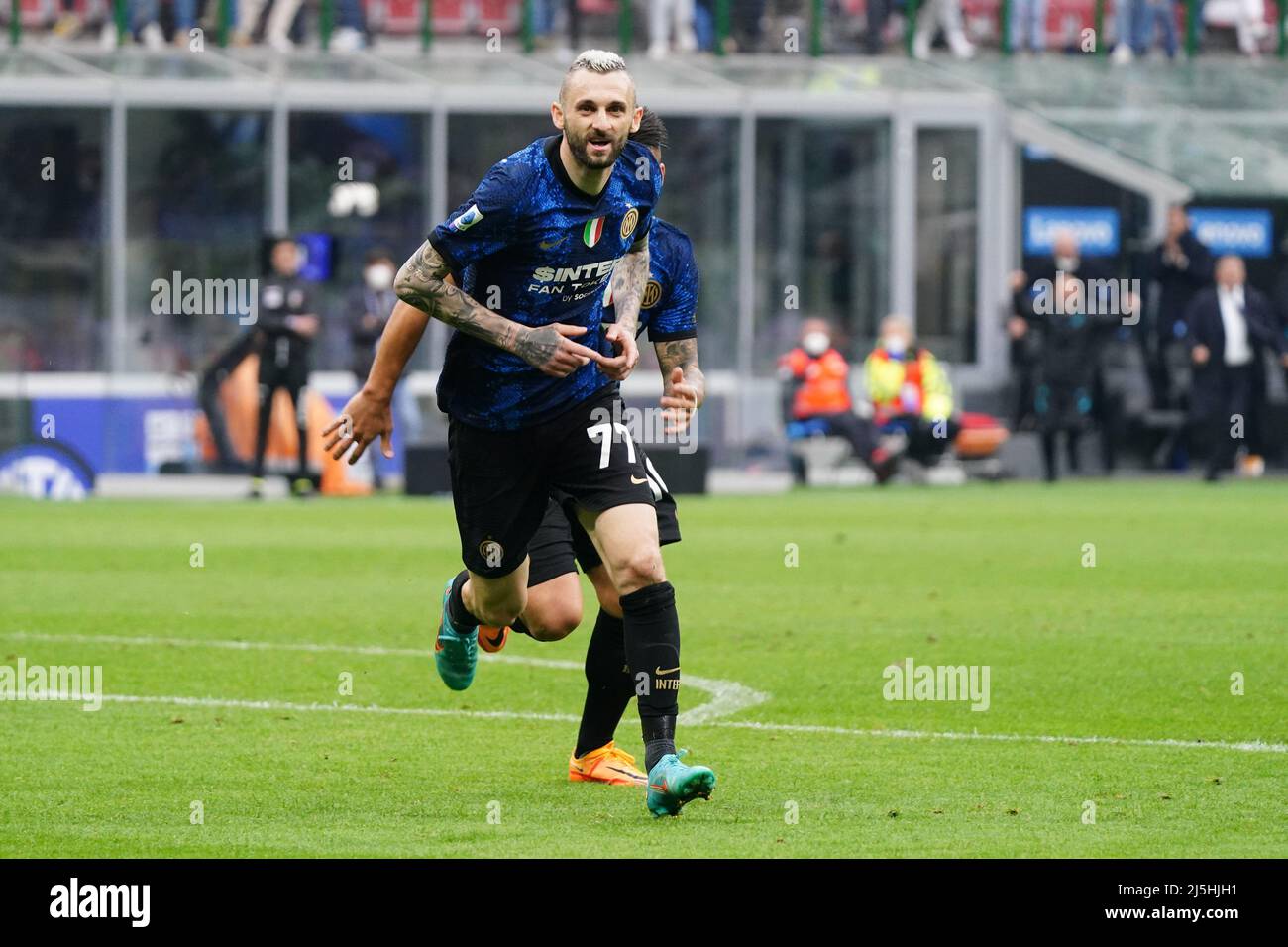 Milan, Italy. 23rd Apr, 2022. Marcelo Brozovic (FC Inter) celebrates ...