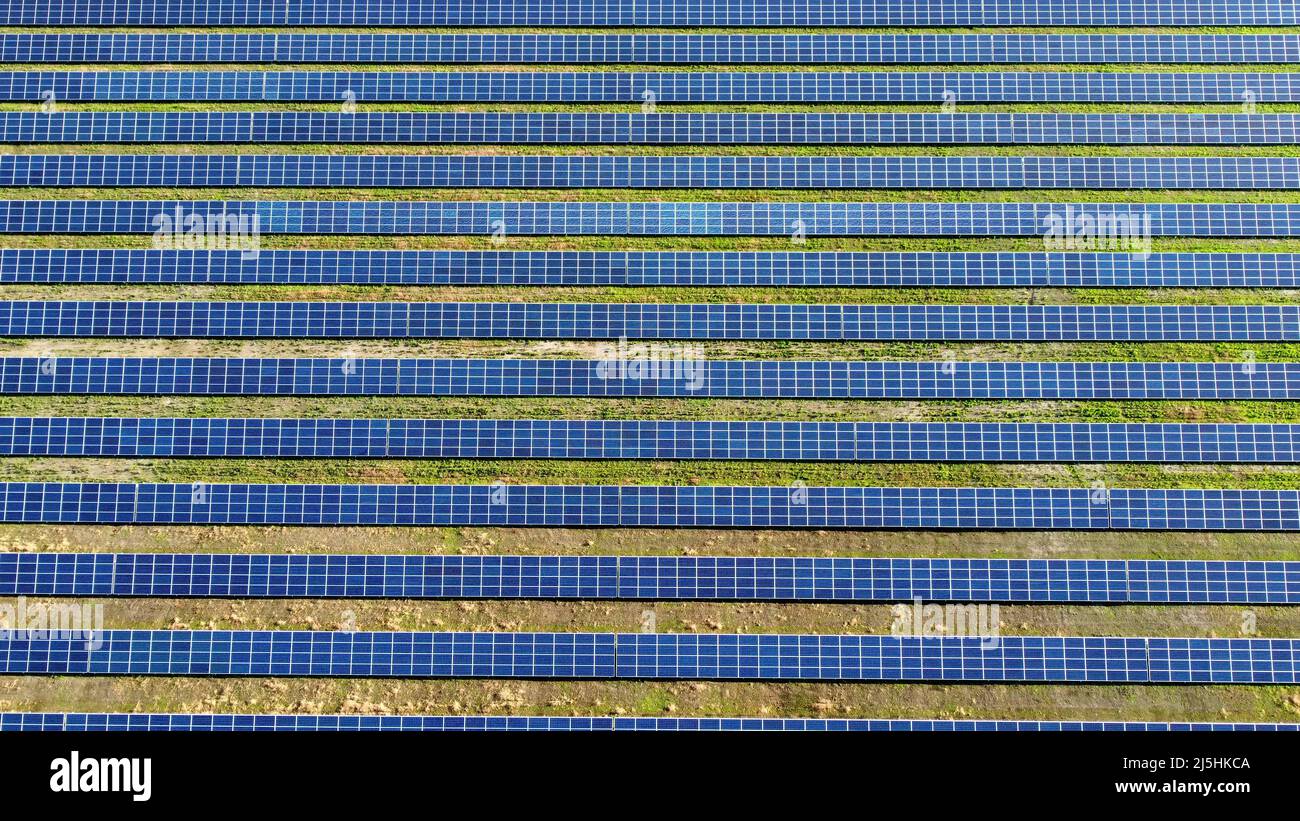 Solar power stations. Blue solar power plant modules close up Stock ...