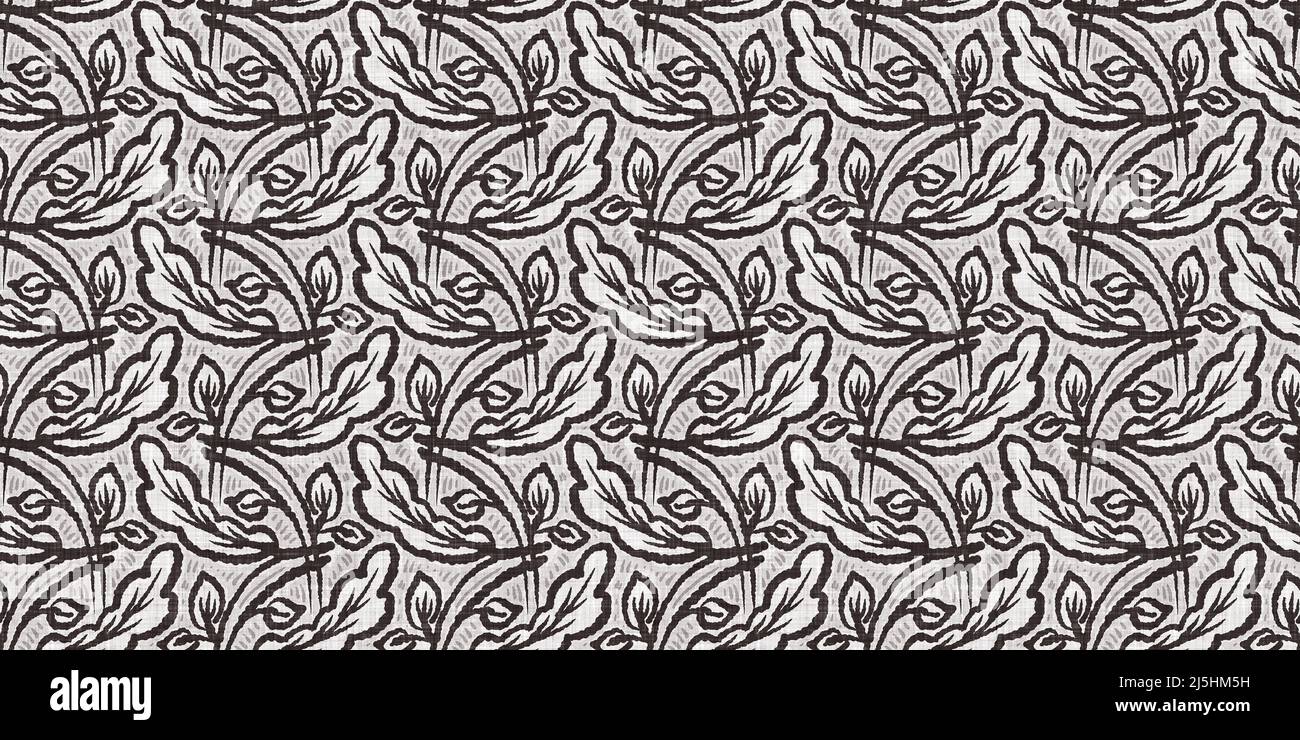 French grey botanical leaf linen seamless border with 2 tone country ...