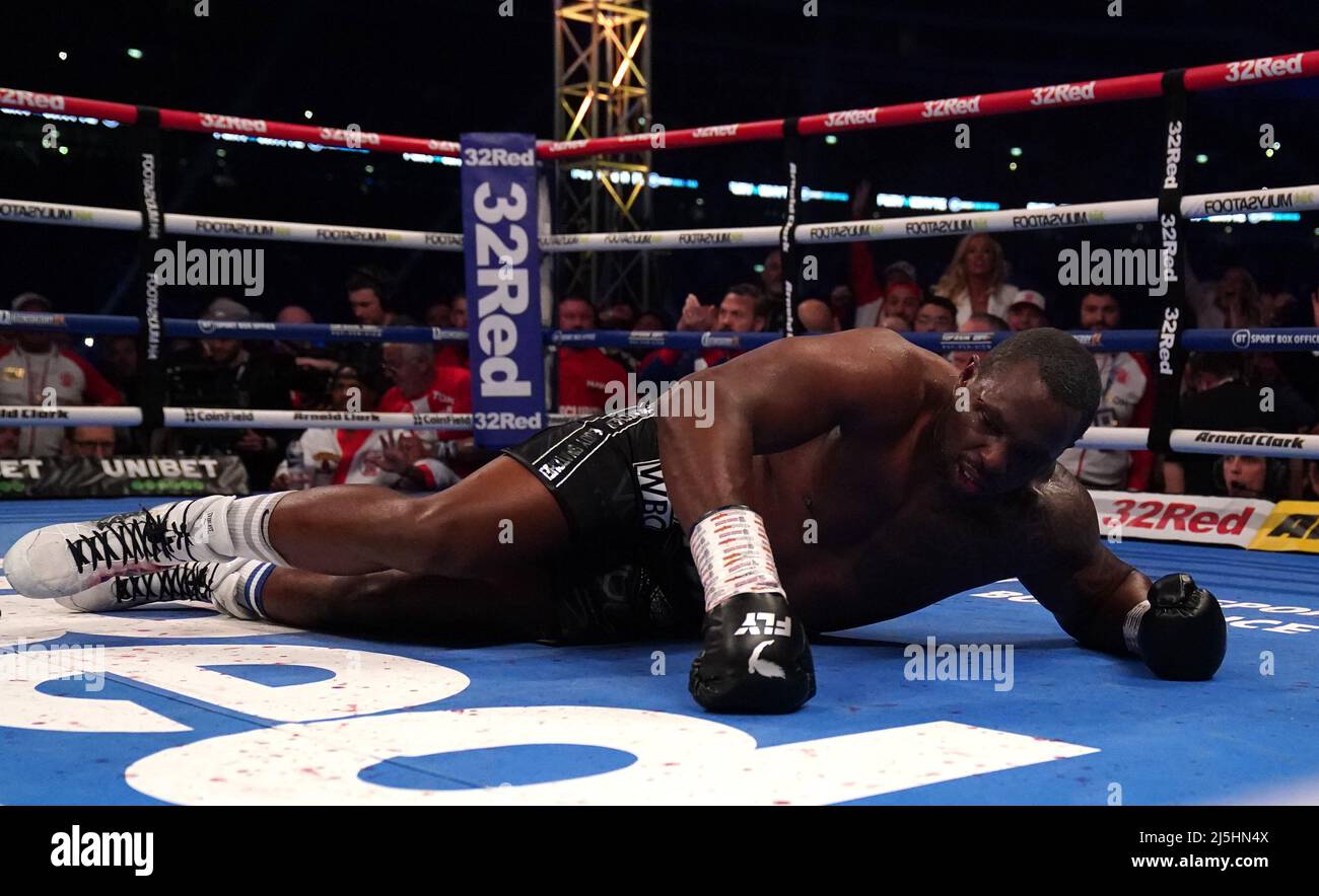 Dillian Whyte after being knocked down by Tyson Fury during the WBC ...