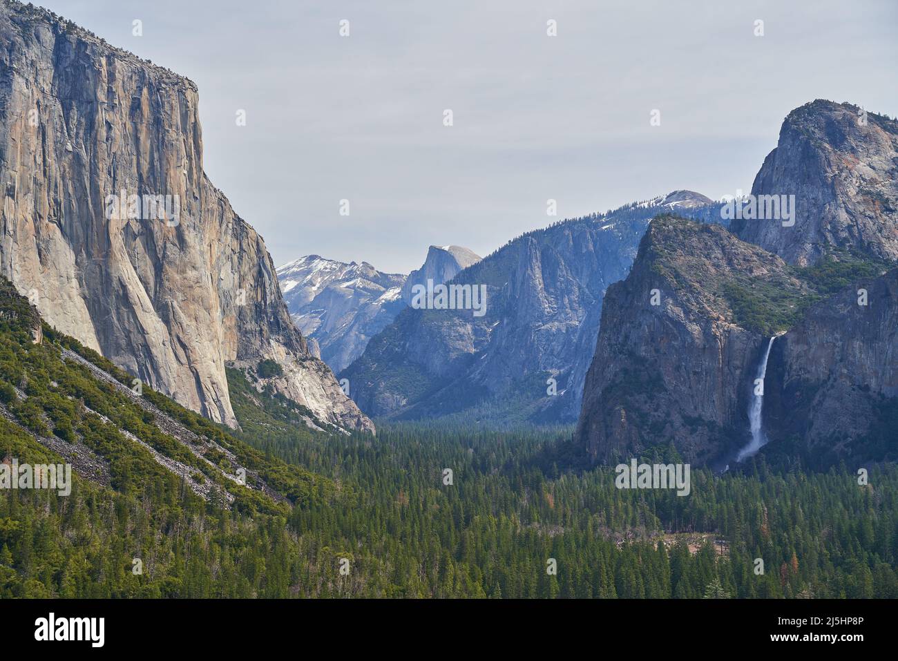 Expansive view of Yosemite Valley, California; El Capitan granite cliff ...