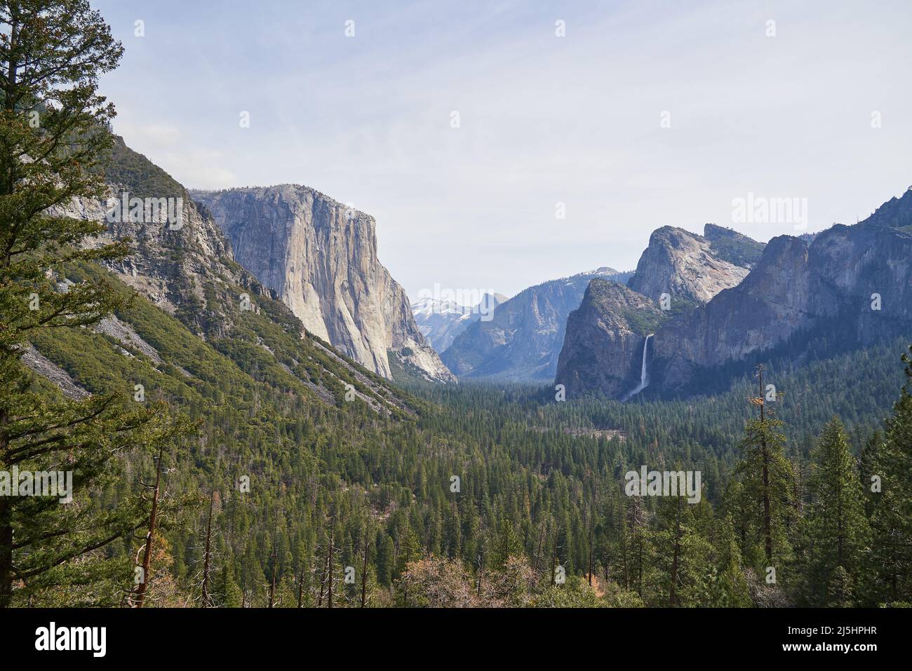 Expansive view of Yosemite Valley, California; El Capitan granite cliff ...