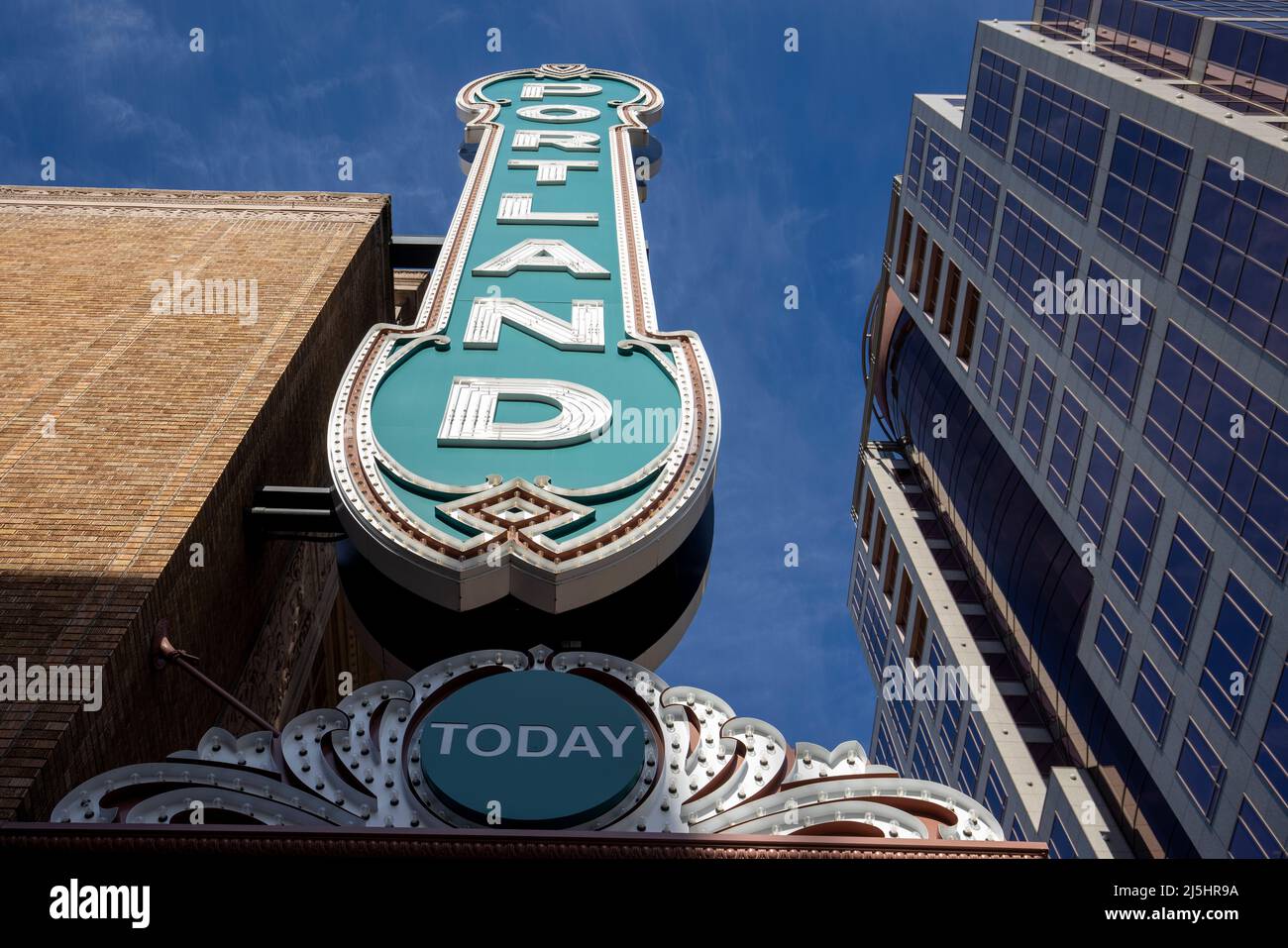 Portland sign on the Arlene Schnitzer Concert Hall in Portland, Oregon ...