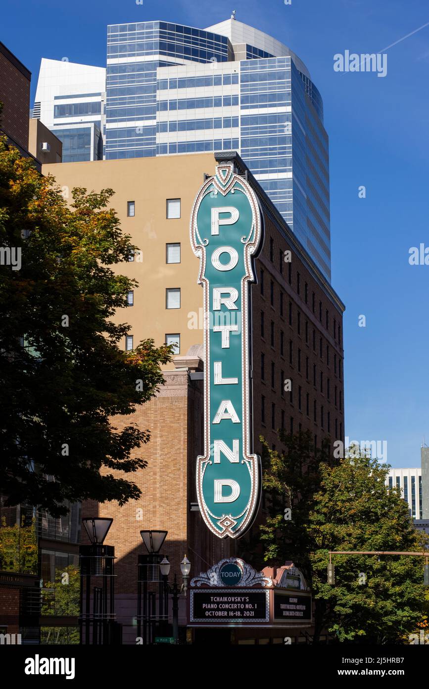 Portland sign on the Arlene Schnitzer Concert Hall in Portland, Oregon ...