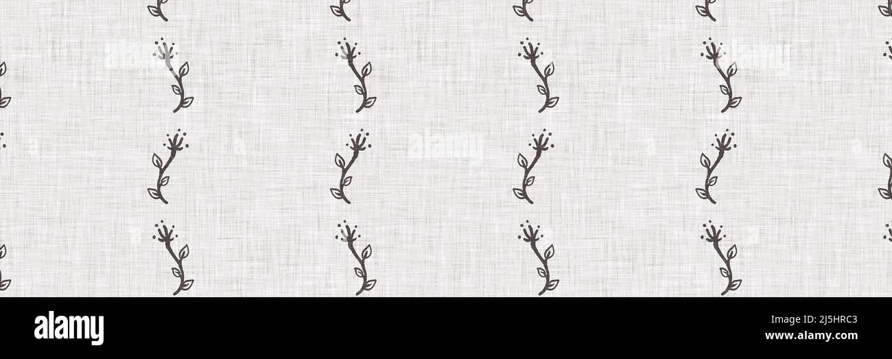French grey botanical leaf linen border pattern with 2 tone country ...