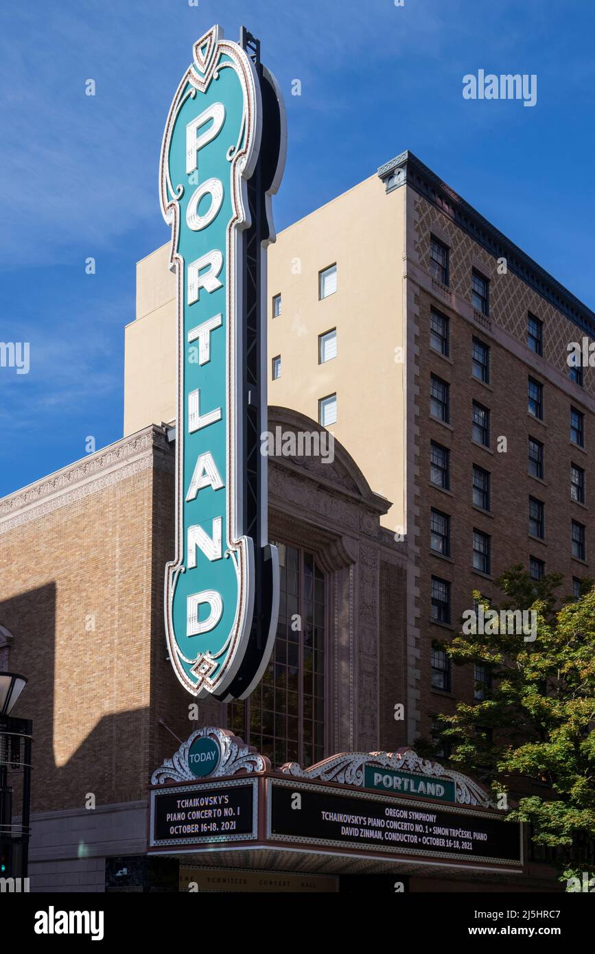 Portland sign on the Arlene Schnitzer Concert Hall in Portland, Oregon ...