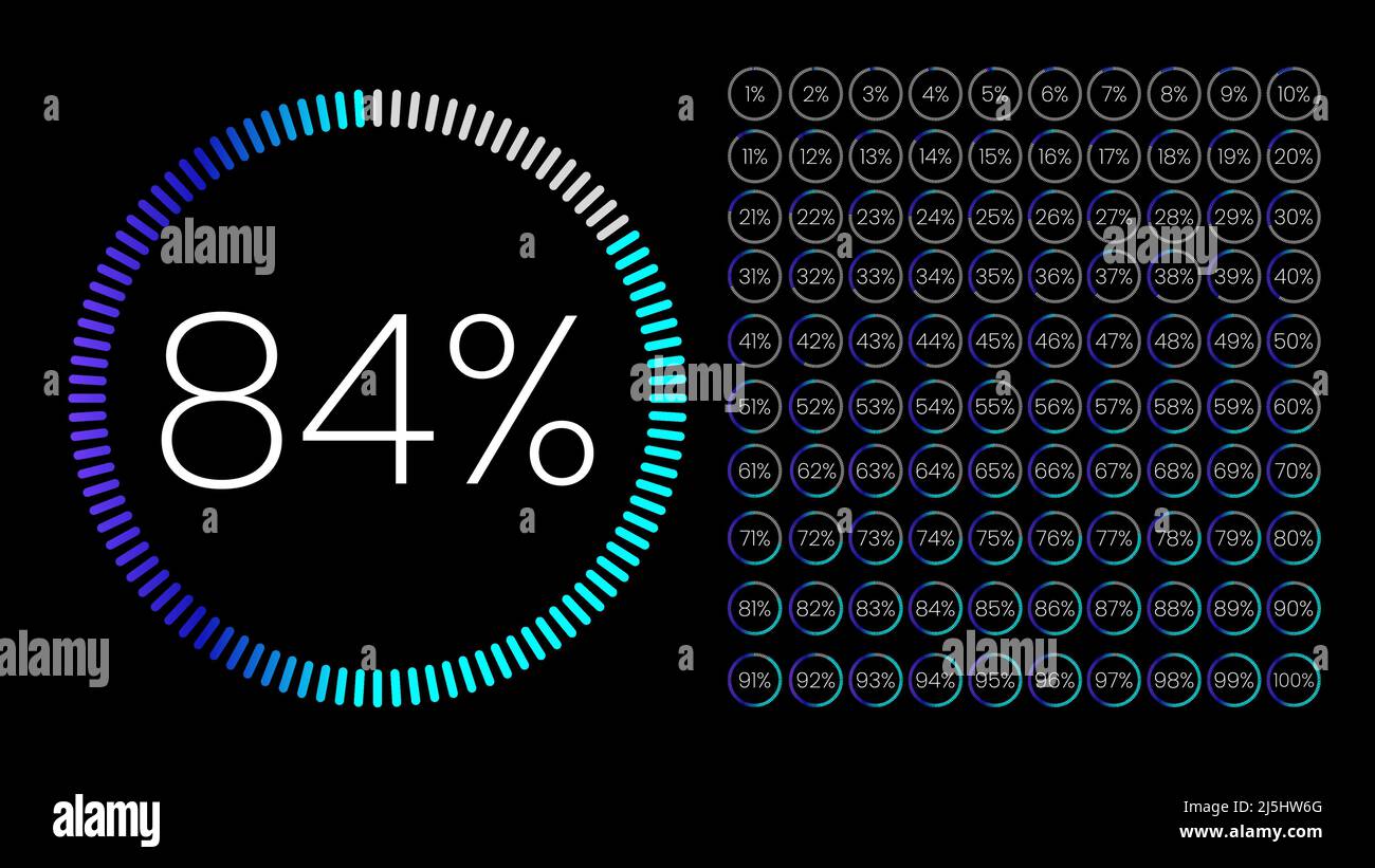 Set of gradient circle percentage meters from 0 to 100 for infographic ...