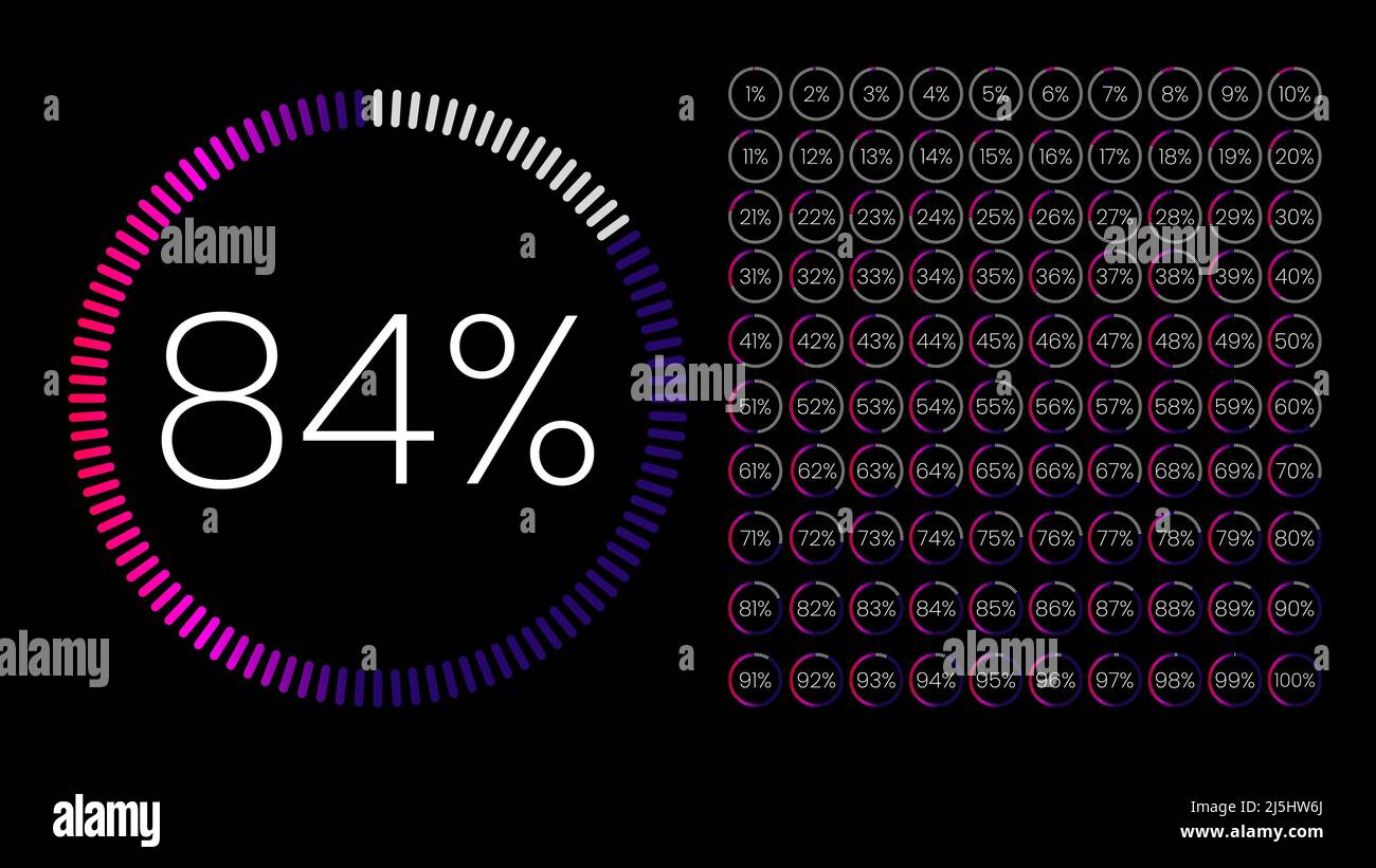 Set of gradient circle percentage meters from 0 to 100 for infographic ...