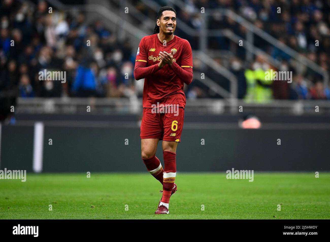 Milan, Italy. 23 April 2022. Chris Smalling of AS Roma gestures during ...