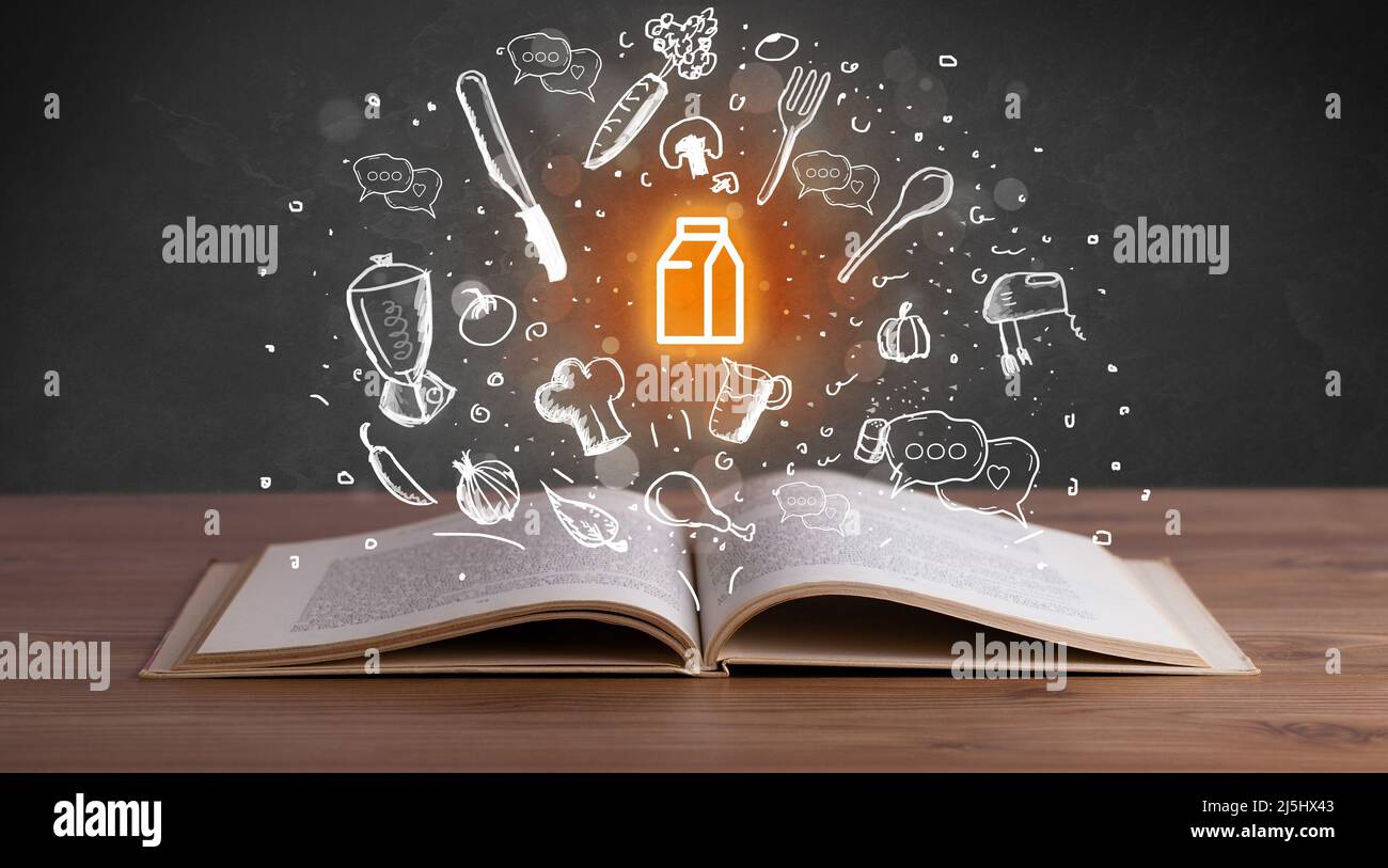 Open recipe book with food related icons above Stock Photo - Alamy