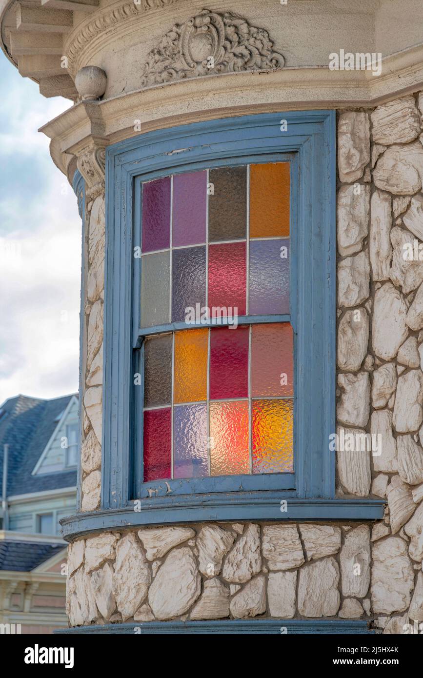 Curved window exterior with colorful glass panes at San Francisco ...