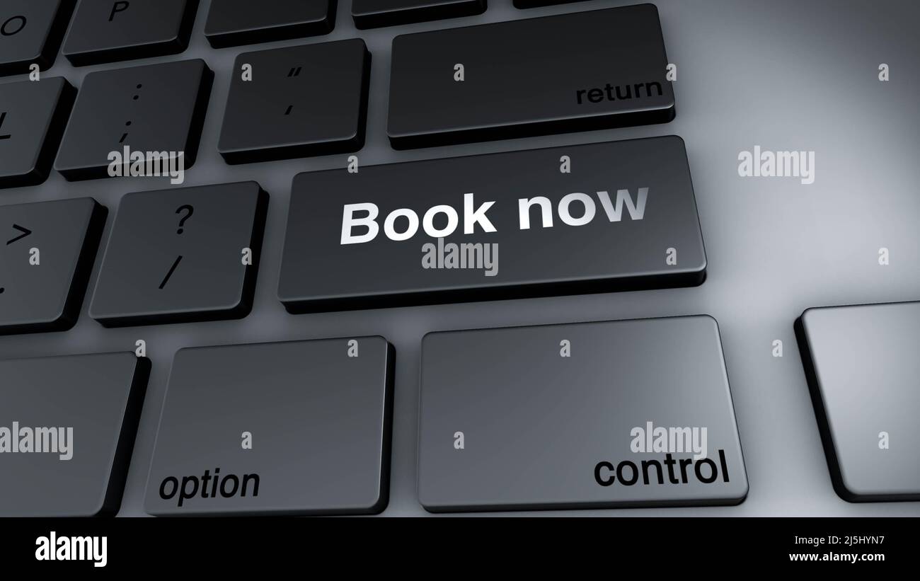 Computer keyboard key with the word Book now text Stock Photo - Alamy