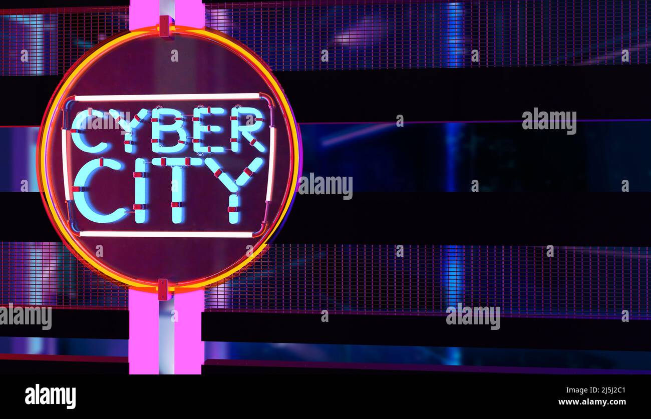 3d render illustration of night cyber city neon sign on metal panels ...
