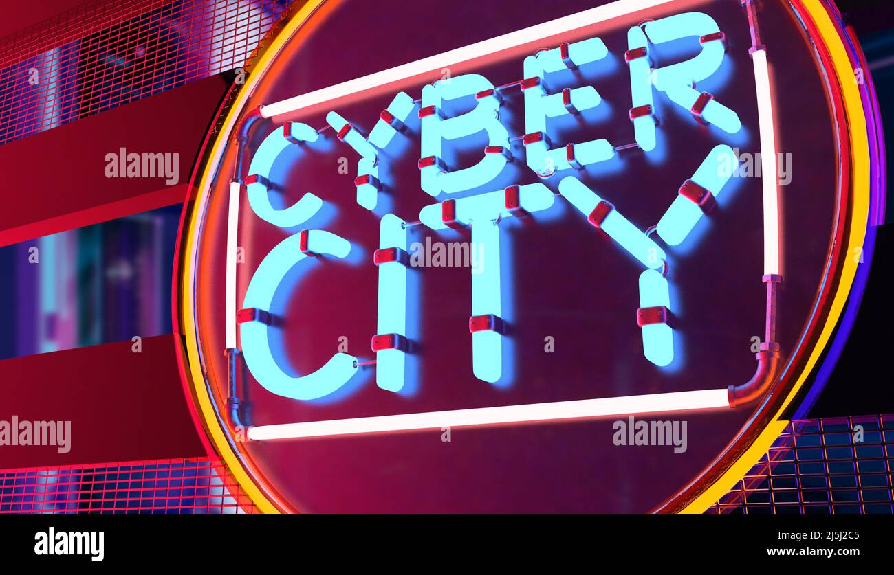 3d render illustration of night cyber city neon sign on metal panels ...