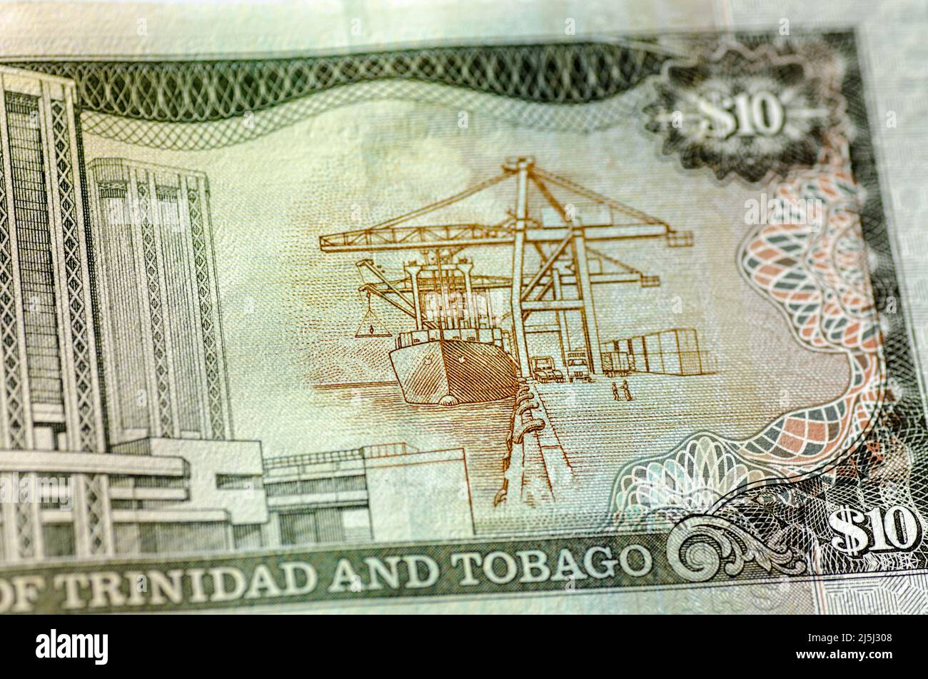 Detail of a ten dollar banknote from Trinidad and Tobago showing a ...
