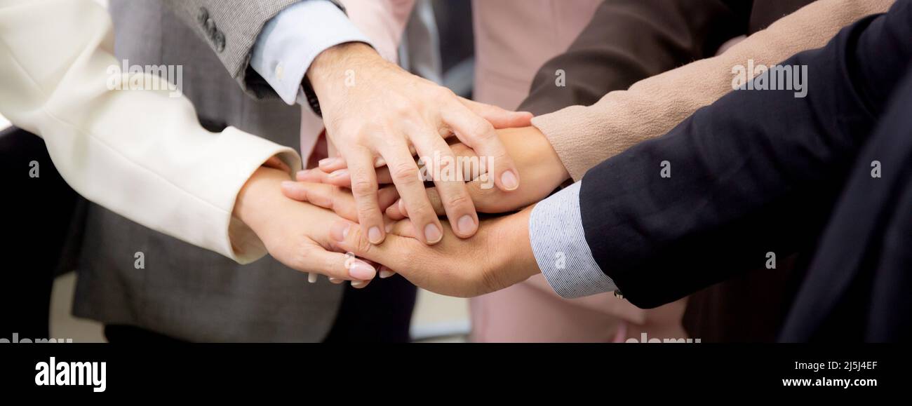 Closeup group of business team harmony with man and woman joining hands ...