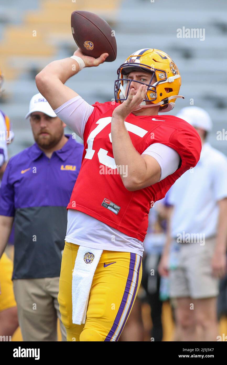 Baton Rouge, LA, USA. 23rd Apr, 2022. LSU quarterback Myles Brennan (15 ...