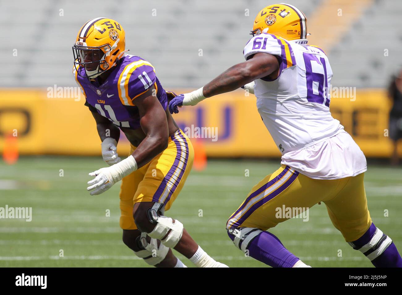 Baton Rouge, LA, USA. 23rd Apr, 2022. LSU defensive end Ali Gaye (11 ...