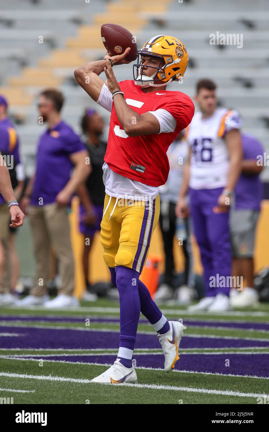 Baton Rouge, LA, USA. 23rd Apr, 2022. LSU quarterback Jayden Daniels (5 ...