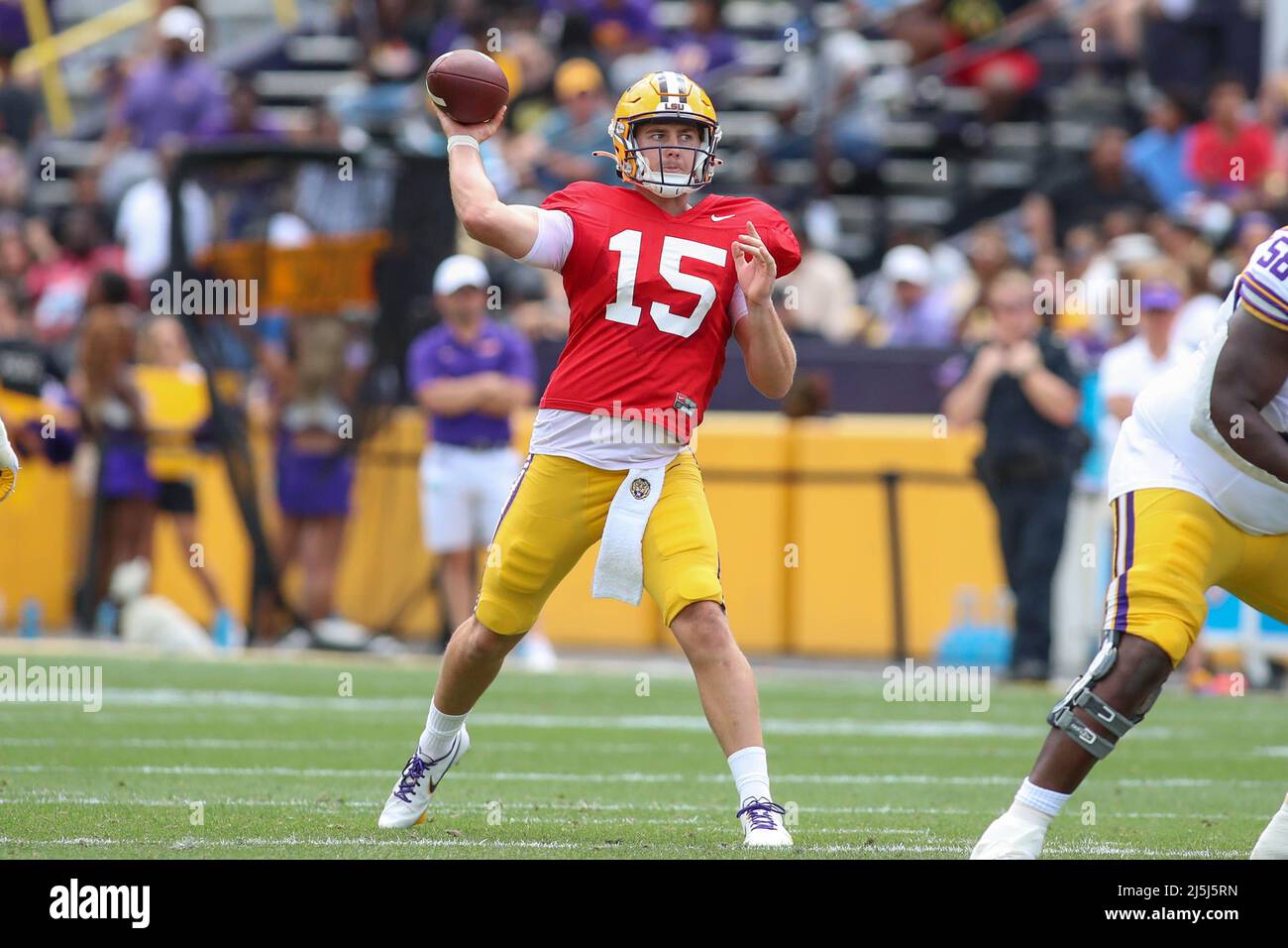 Baton Rouge, LA, USA. 23rd Apr, 2022. LSU quarterback Myles Brennan (15 ...
