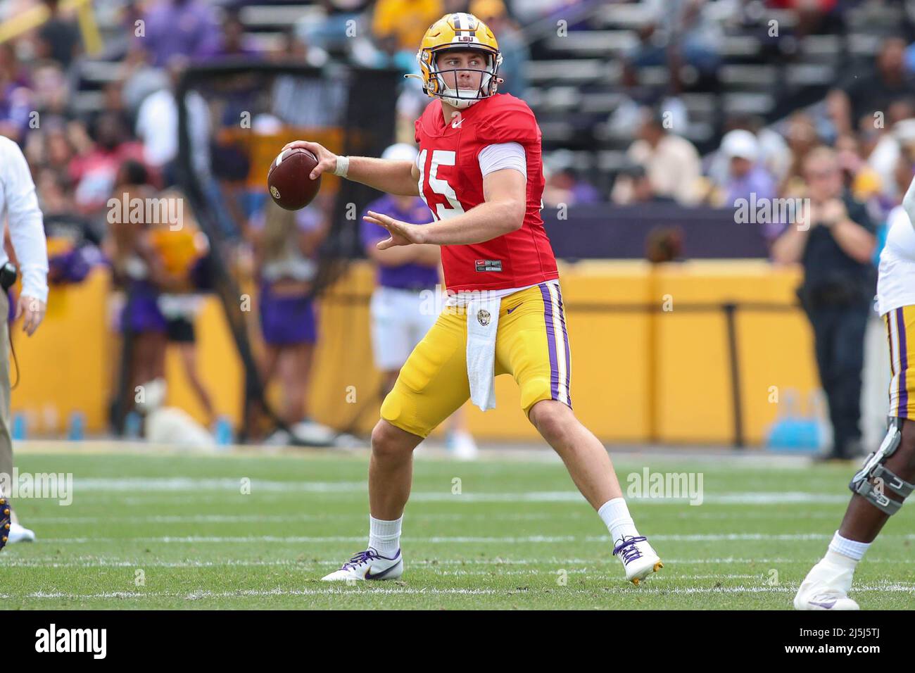 Baton Rouge, LA, USA. 23rd Apr, 2022. LSU quarterback Myles Brennan (15 ...