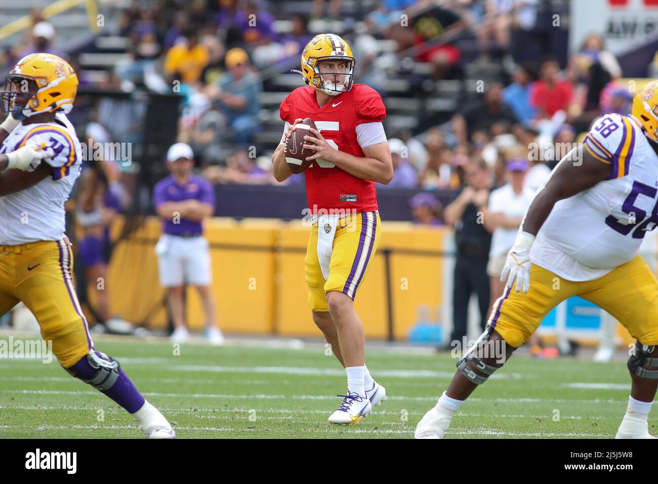 Baton Rouge, LA, USA. 23rd Apr, 2022. LSU quarterback Myles Brennan (15 ...