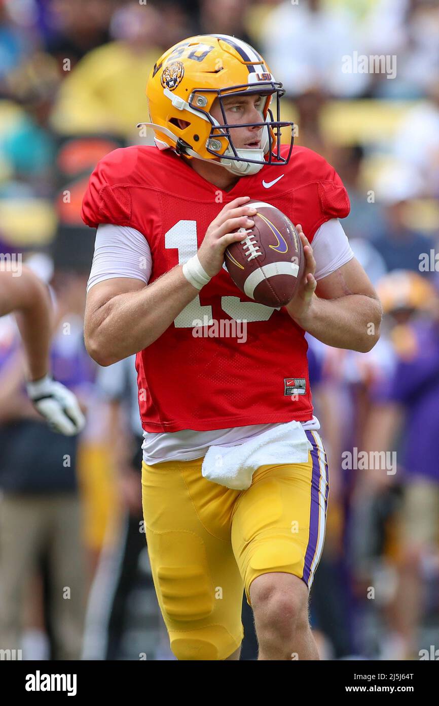 April 23, 2022: LSU quarterback Myles Brennan (15) looks down field for ...