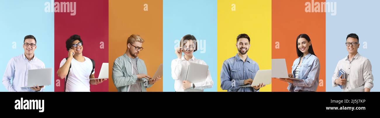 Group of young programmers with laptops on color background with space ...