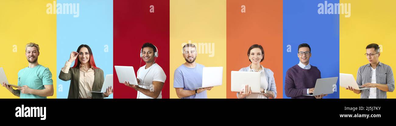 Group of young programmers with laptops on color background with space ...