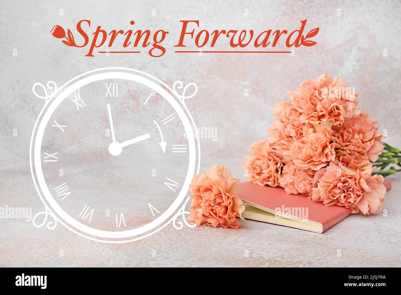 Beautiful carnation flowers and notebook with drawing of clock on light ...