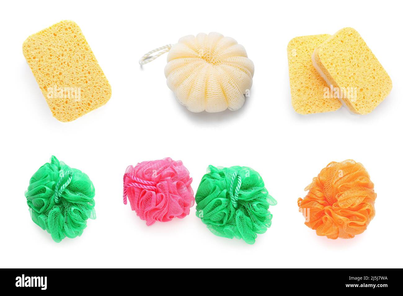 Set of different bath sponges isolated on white, top view Stock Photo ...