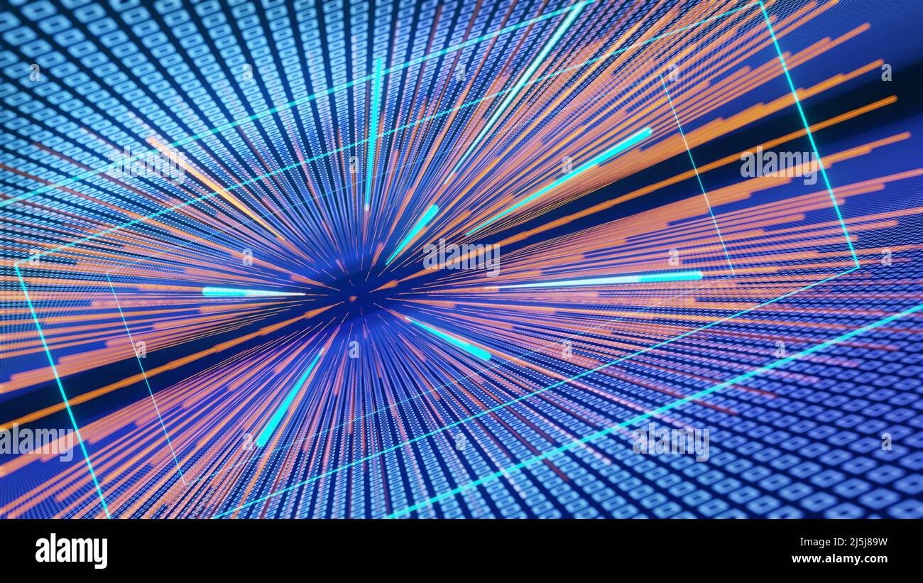 Technology neon glow motion in perspective - wide angle view of pipes ...