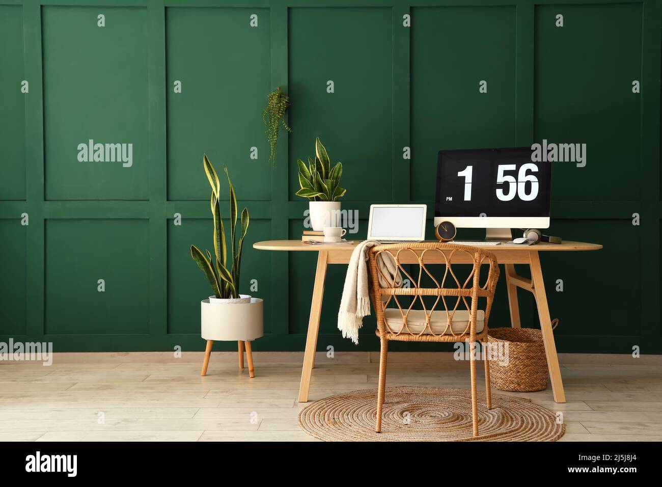 Workplace with modern computer, laptop and houseplants near green wall ...