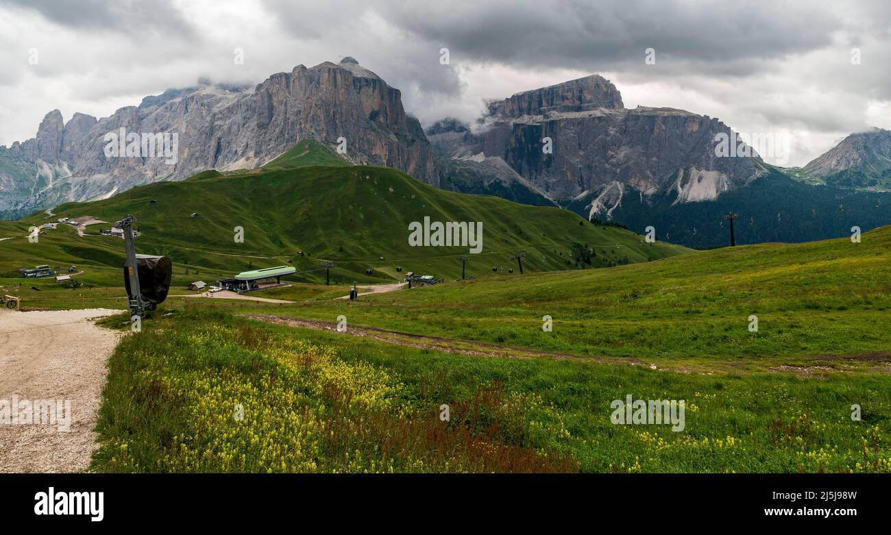 Sella mountain group from hiking trail between Passo Sella and Col ...