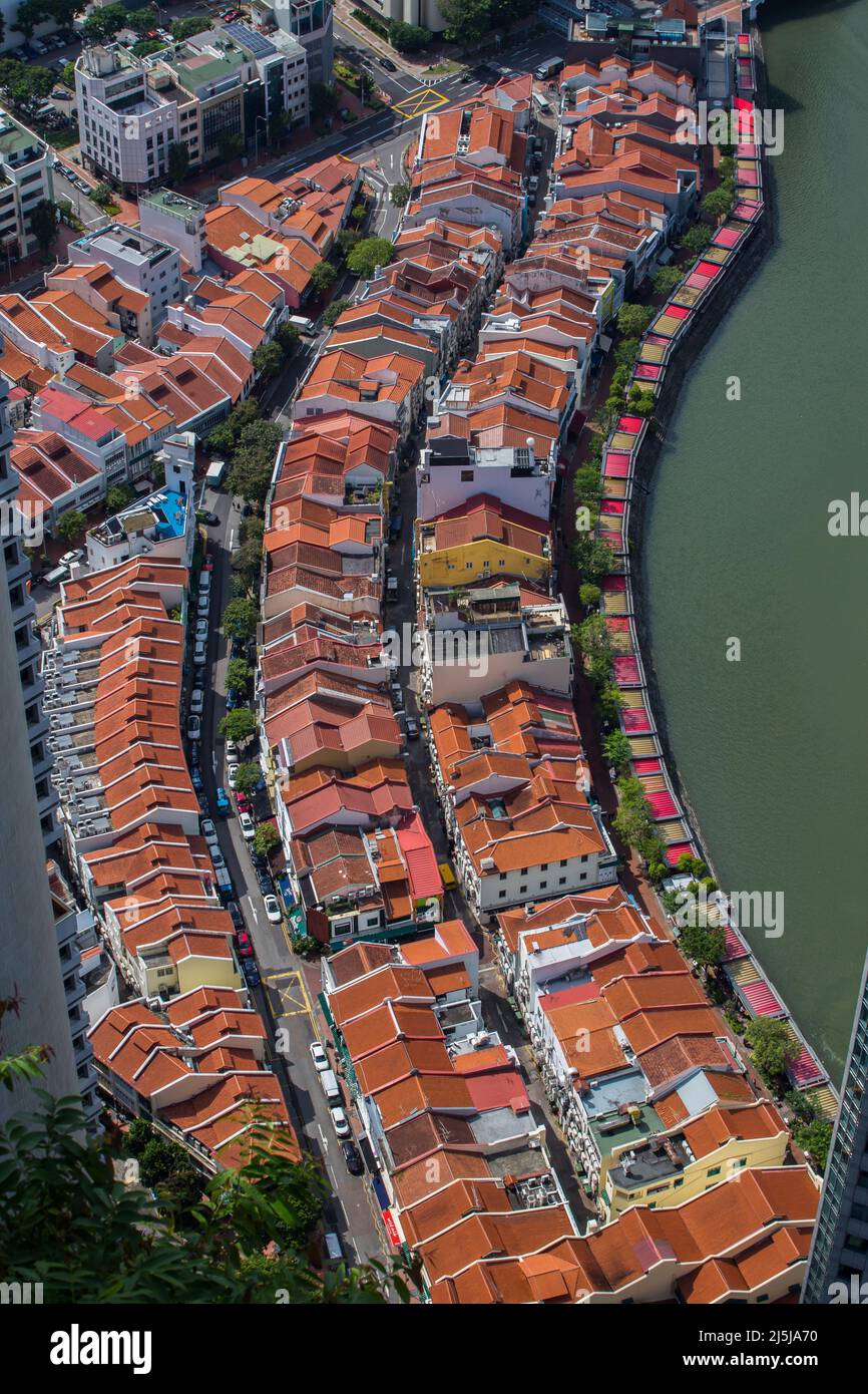 Vertical aerial view of Boat Quay, a popular tourism area tourists to ...