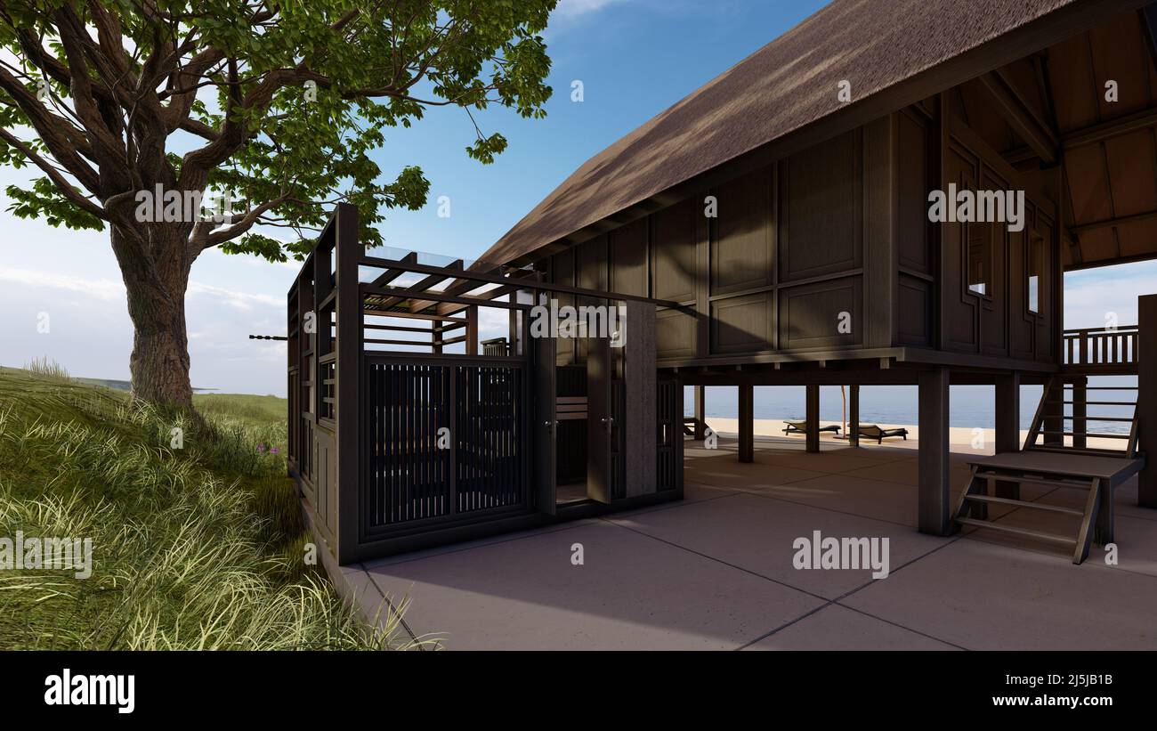 perspective outdoor bathroom in tropical wooden house on the beach ...