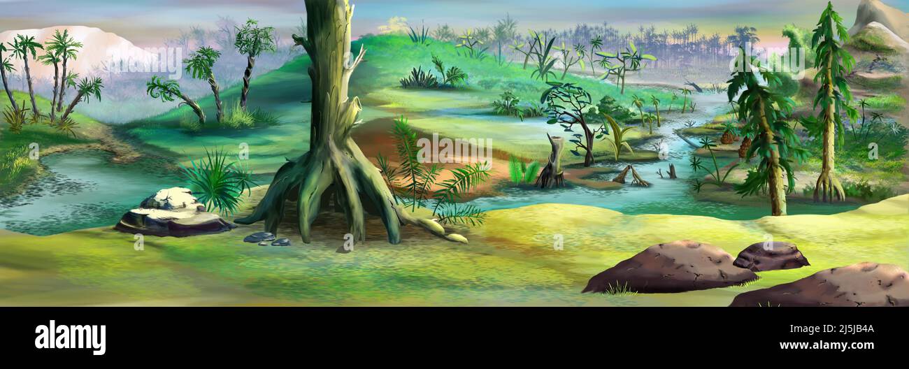 Primeval forest in the Mesozoic era. Digital Painting Background ...