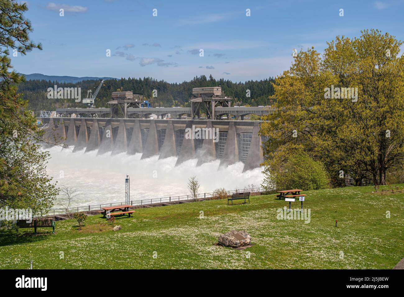 Bonneville Dam releasing the water at the dam's gates Oregon state ...
