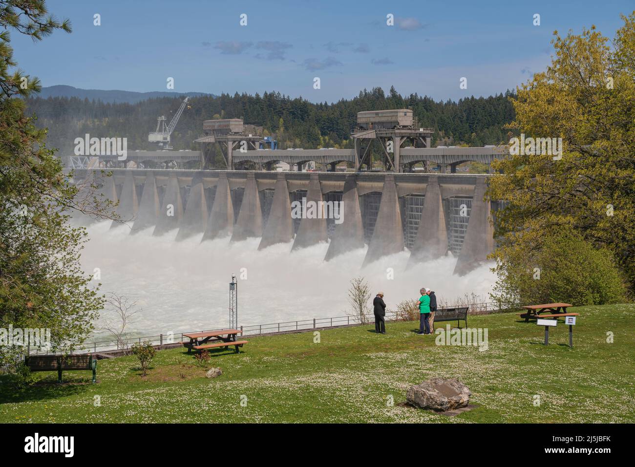 Bonneville Dam releasing the water at the dam's gates Oregon state ...