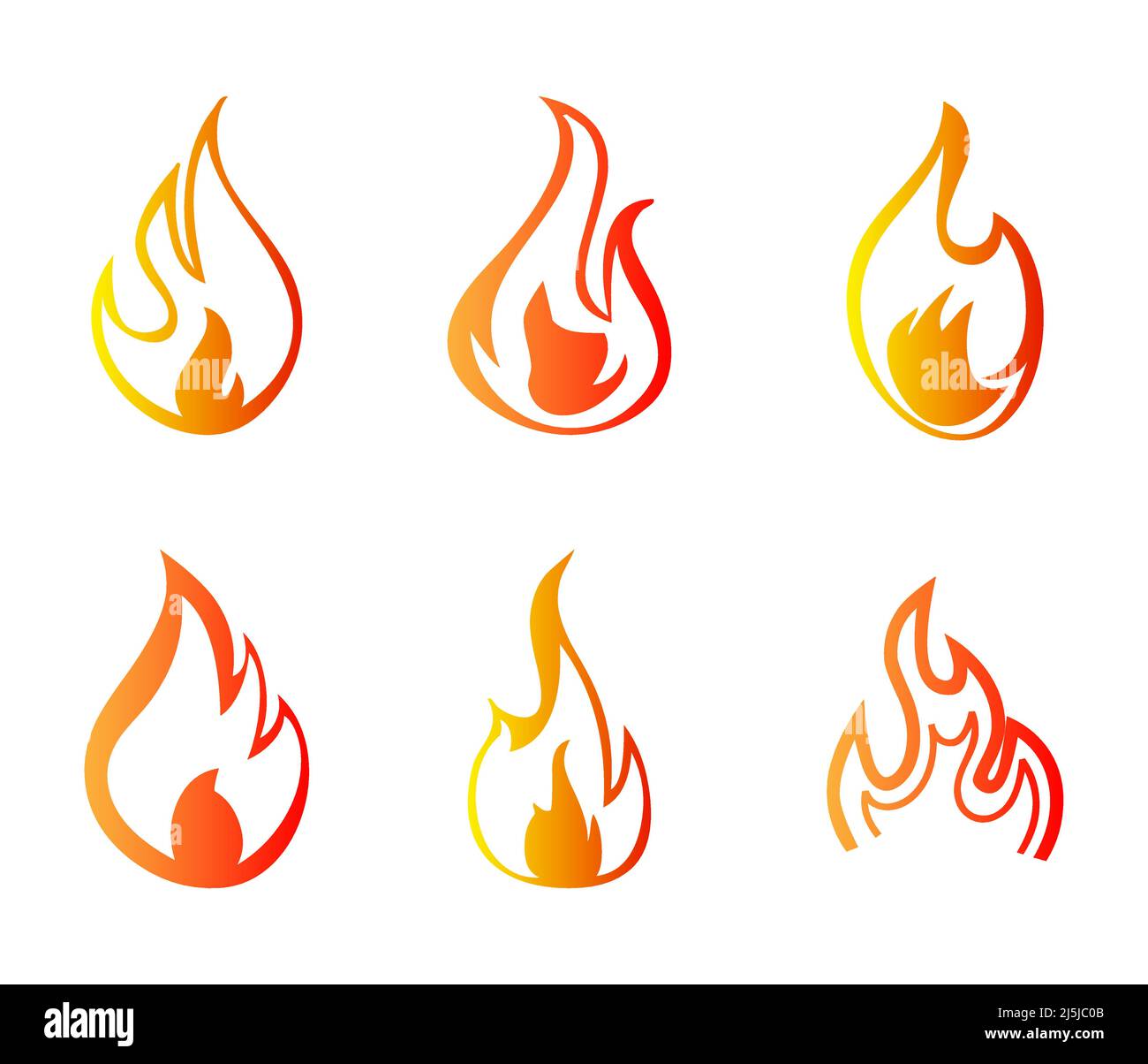 Fire icons in red orange yellow gradient color on white background set ...