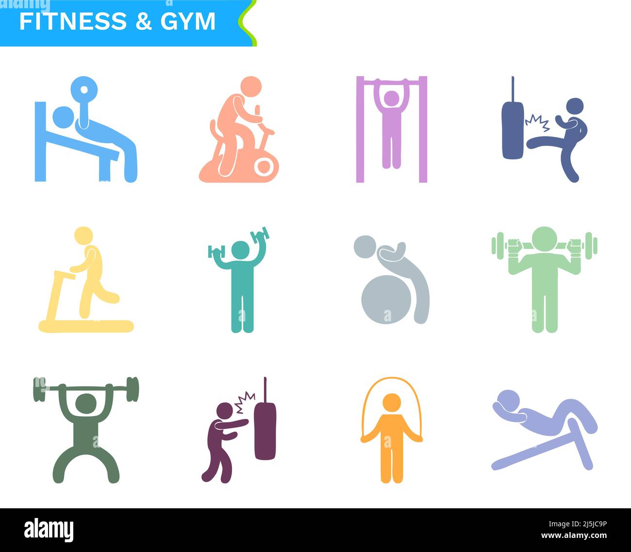 Colorful gym flat vector icon set on white background. Set of 12 vector ...