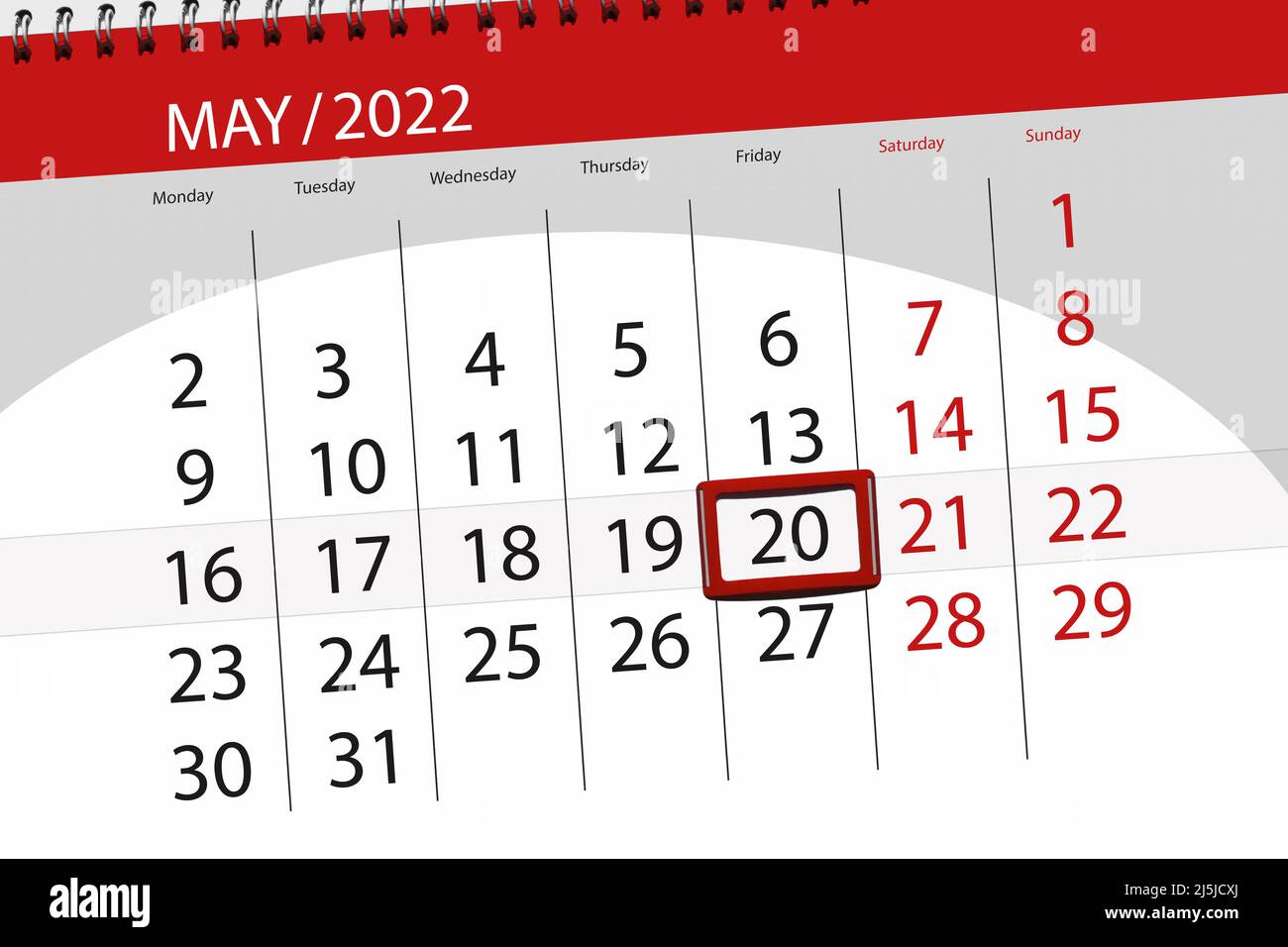 Calendar planner for the month may 2022, deadline day, 20, friday Stock ...