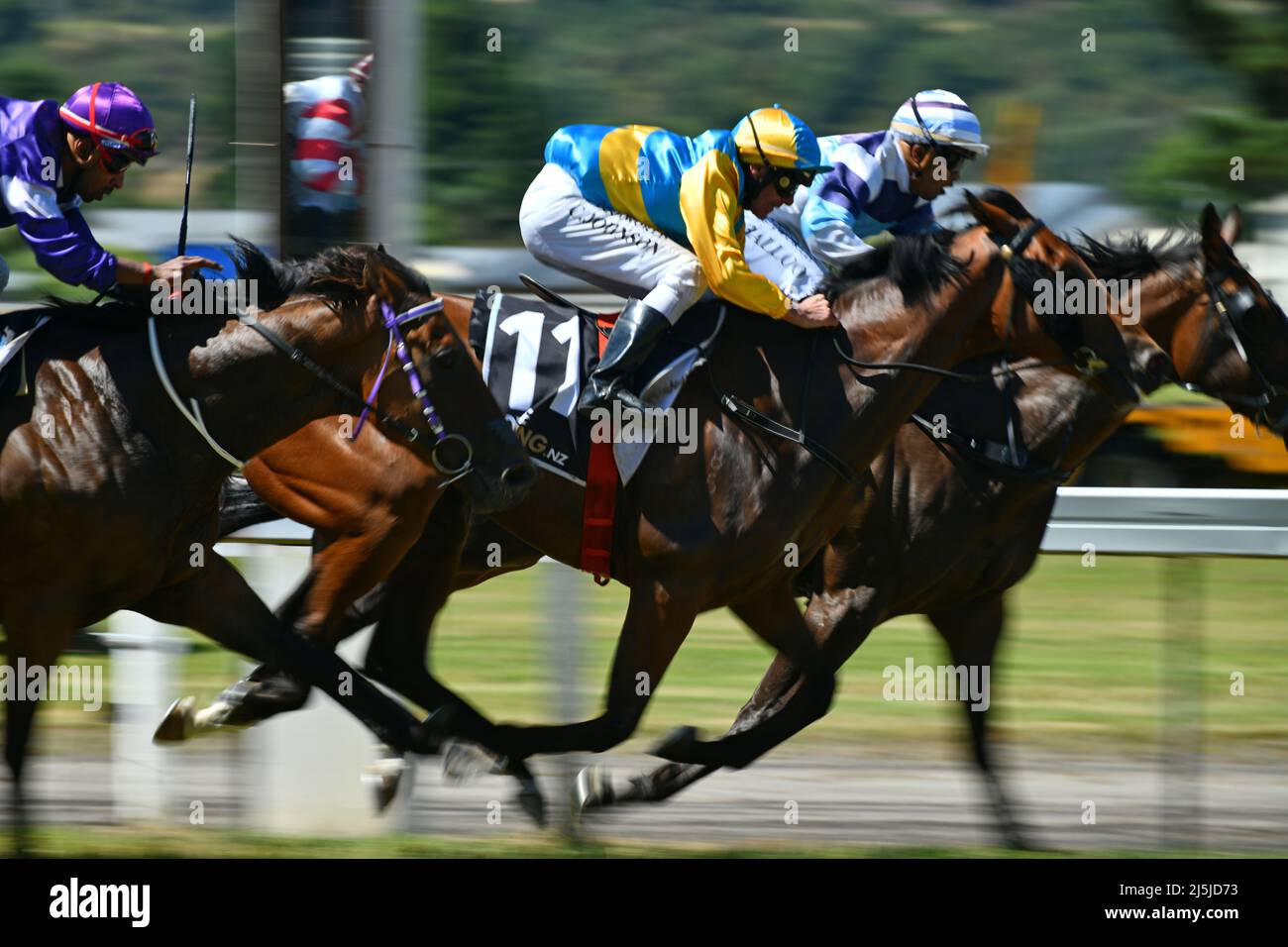 REEFTON, NEW ZEALAND, JANUARY 5 2022; jockeys ride their mounts hard to ...