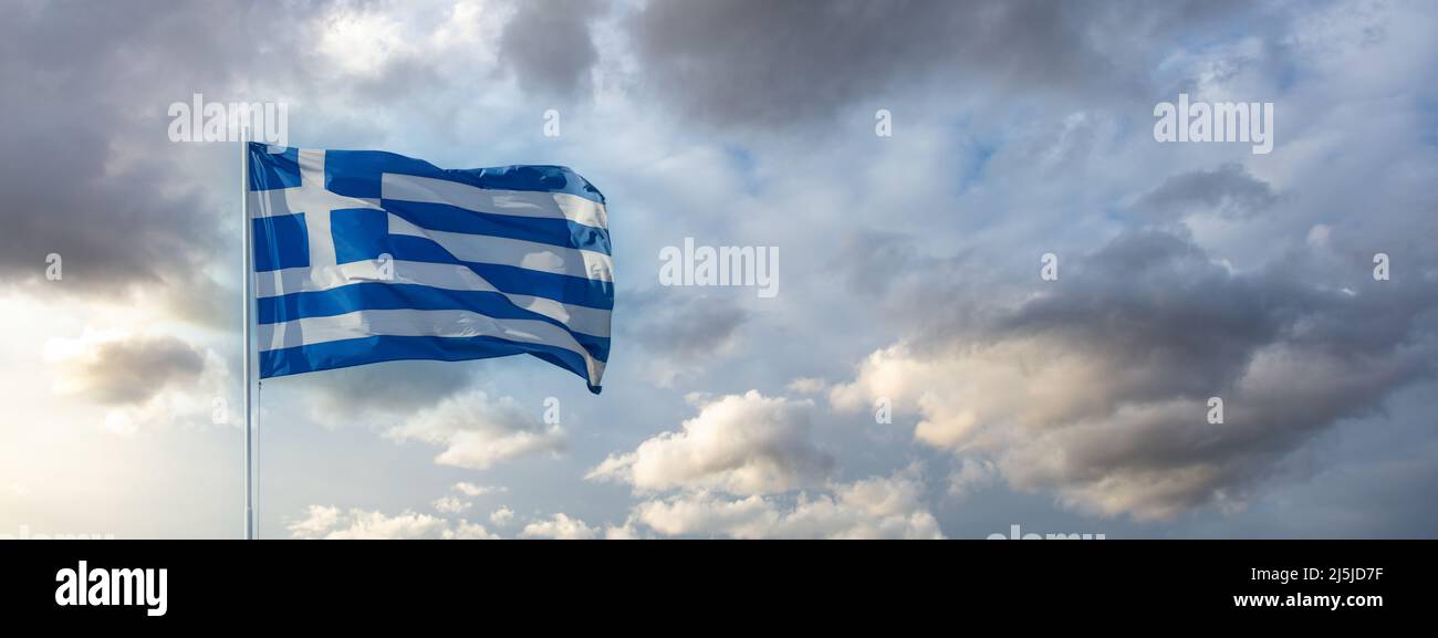 Greece sign symbol. Greek national official flag on flagpole waving in ...