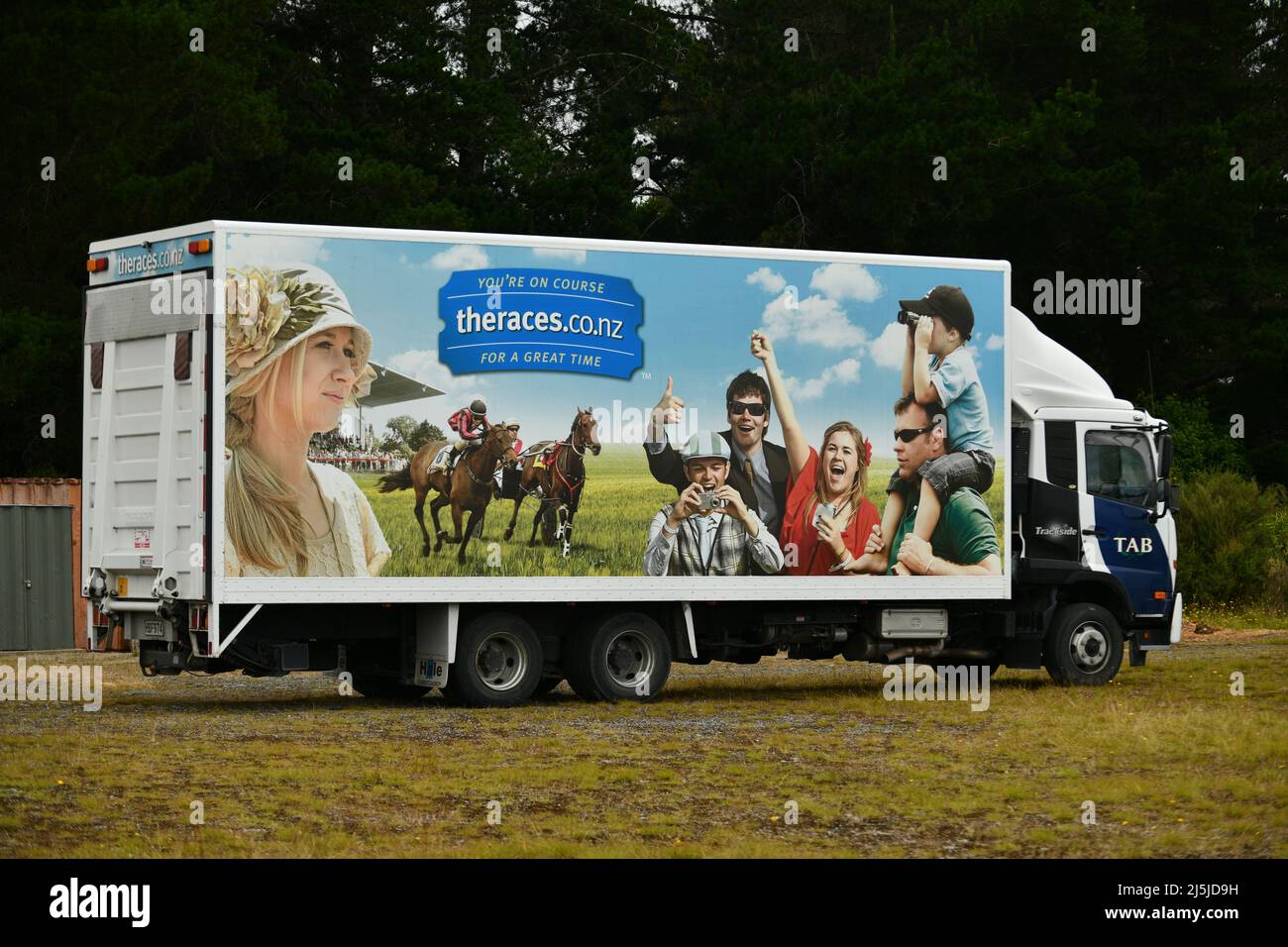 KUMARA, NEW ZEALAND, JANUARY 8, 2022; The TAB truck advertises racing ...