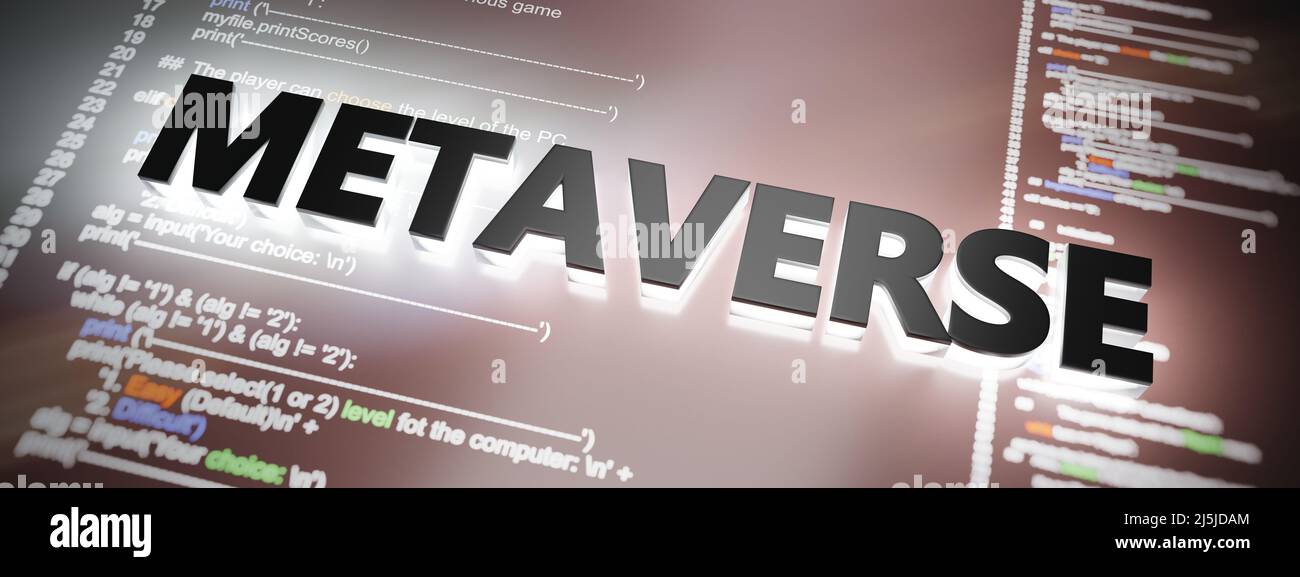 METAVERSE text on computer code background. 3D virtual world network on ...