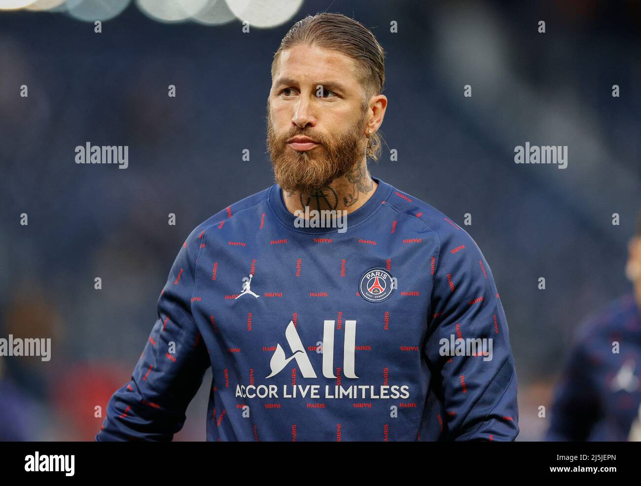 Sergio Ramos of PSG arriving for warm-up before the French Ligue 1 Uber ...