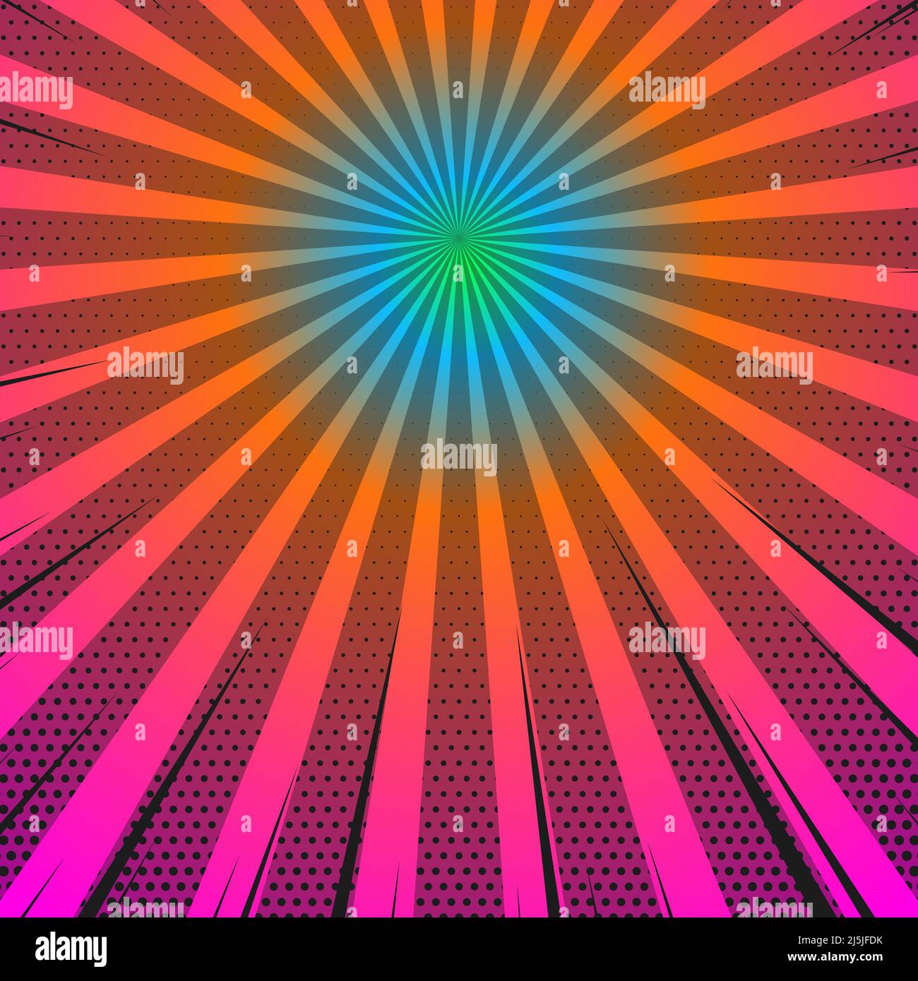 Halfdot sunburst vector background in pink, orange, blue and green ...