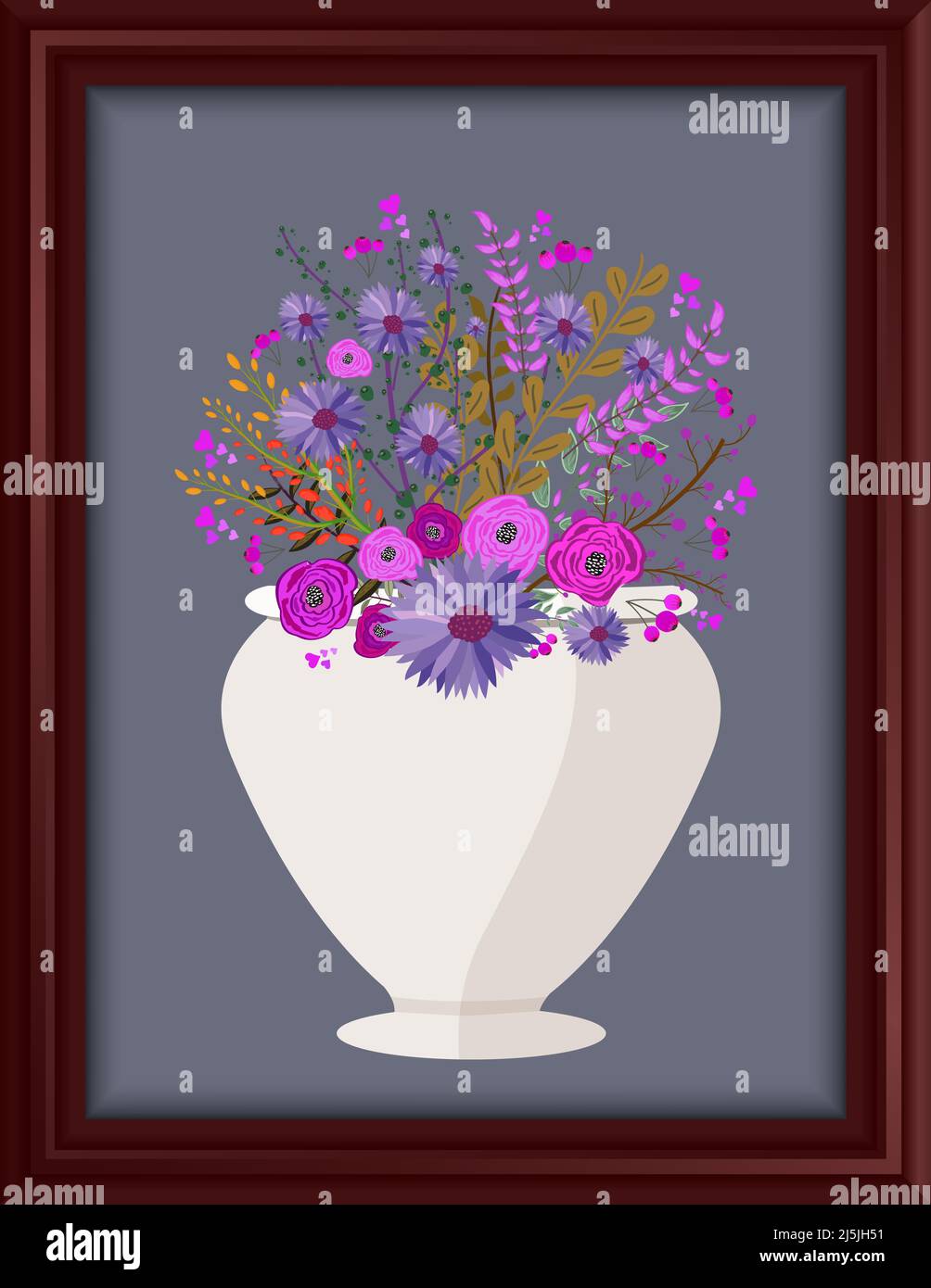 Flowers with white vase in a brown photo frame. Vector illustration ...