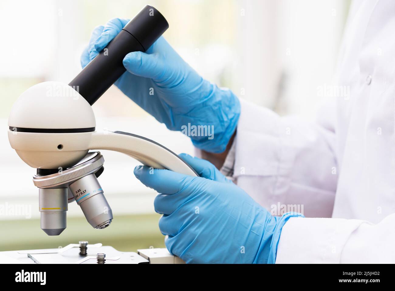 Closeup of professional microscope on a workplace in a laboratory Stock ...